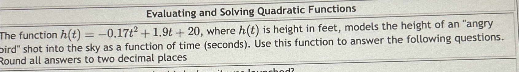 Solved Evaluating and Solving Quadratic FunctionsThe | Chegg.com