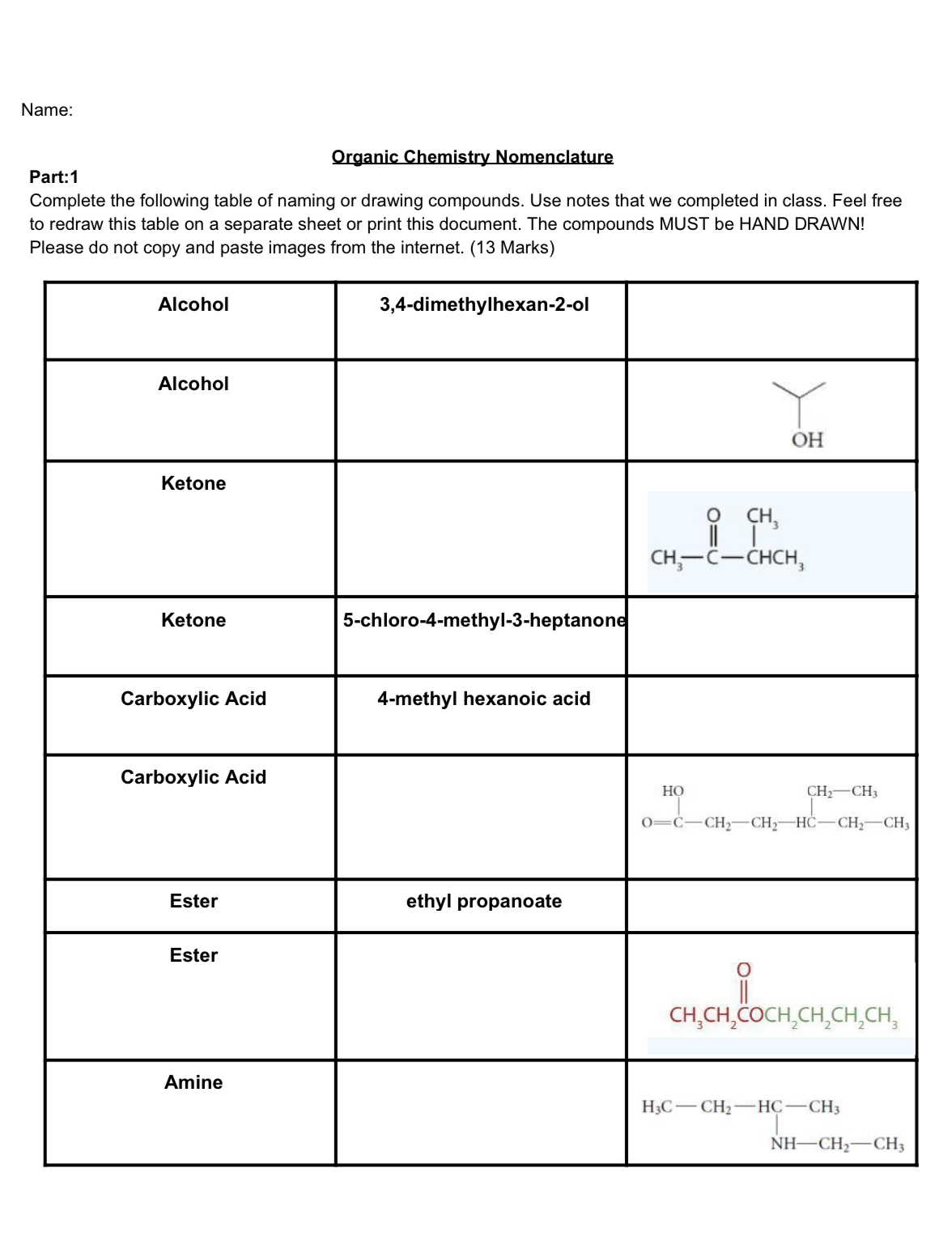 Solved Name:Organic Chemistry NomenclaturePart:1Complete the | Chegg.com