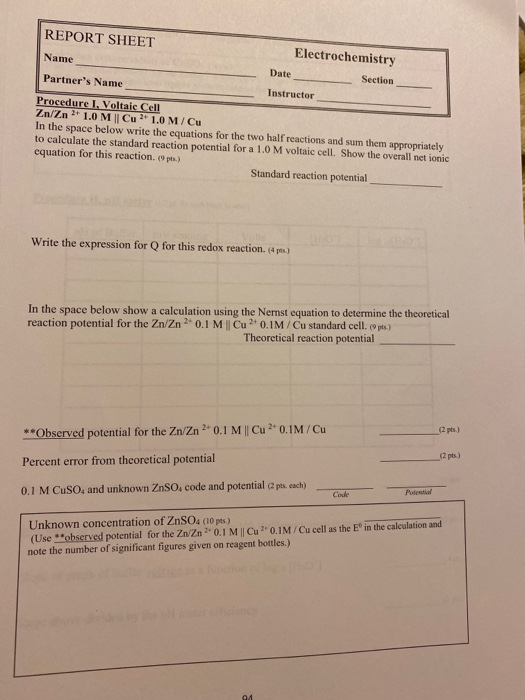 Solved REPORT SHEET Electrochemistry Name Date Section | Chegg.com