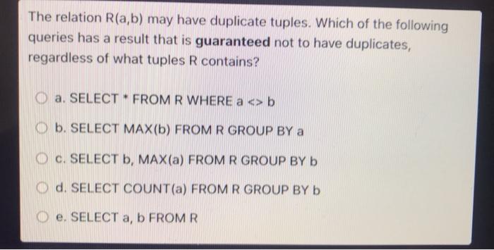 Solved The relation R(a,b) may have duplicate tuples. Which | Chegg.com
