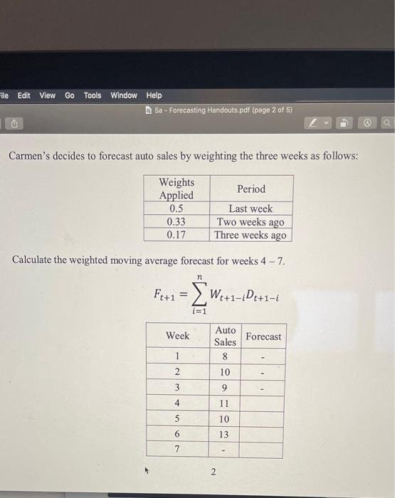 Solved carmens decides to forecast auto sales by weighting | Chegg.com