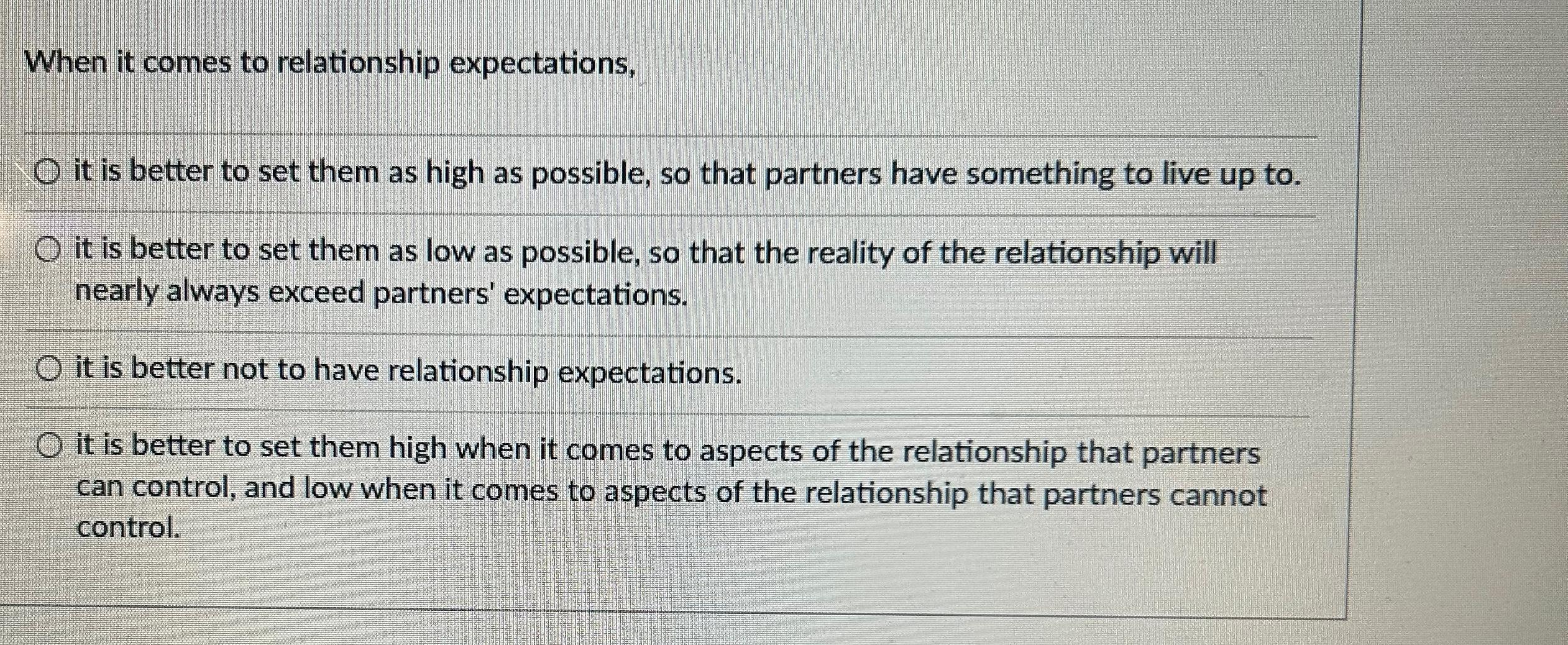 Solved When it comes to relationship expectations,it is | Chegg.com
