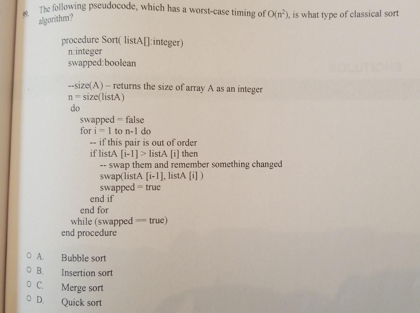 Solved The following pseudocode, which has a worst-case | Chegg.com