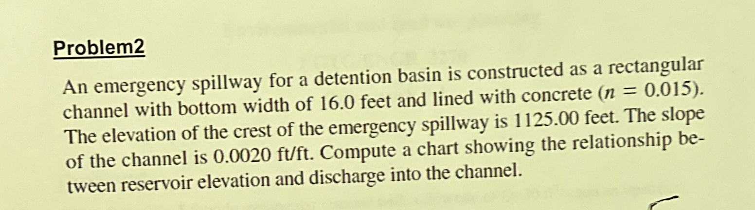 Solved Problem2An emergency spillway for a detention basin | Chegg.com