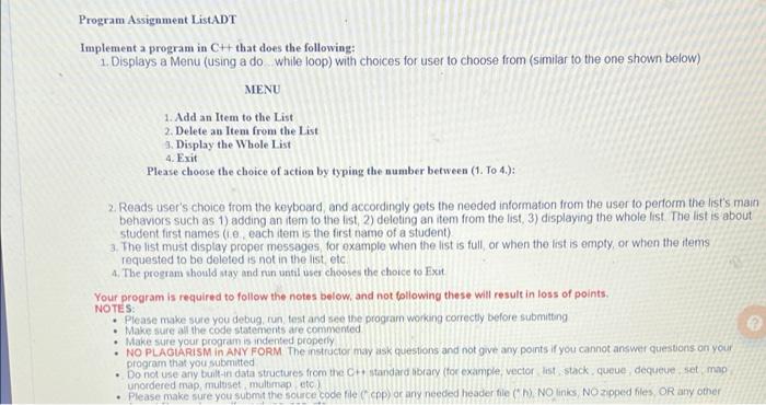 Solved Program Assignment Listadt Implement A Program In Ch