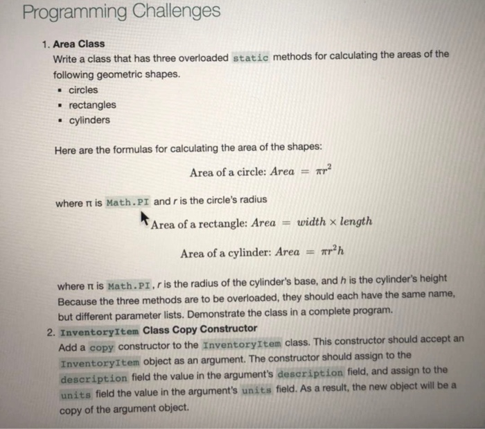 Solved Programming Challenges 1. Area Class Write a class | Chegg.com