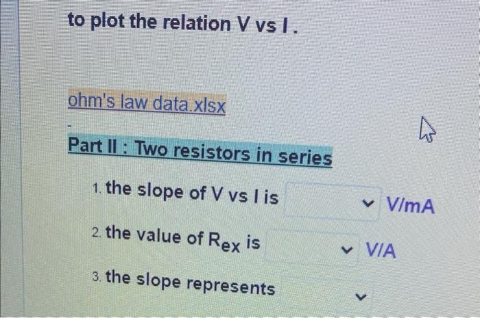 Solved to plot the relation V vs I. ohm's law data.xlsx Part | Chegg.com
