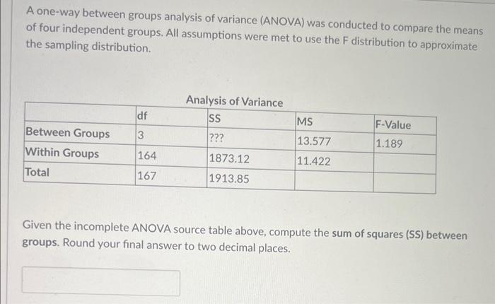 Solved A one-way between groups analysis of variance (ANOVA) | Chegg.com