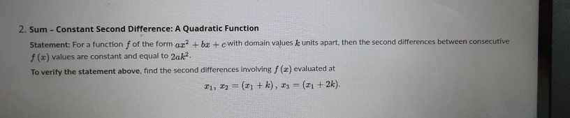 Solved 2. Sum - Constant Second Difference: A Quadratic | Chegg.com