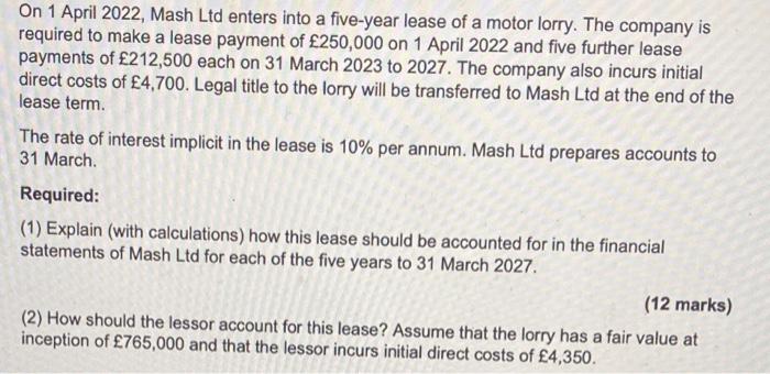 Solved On 1 April 2022, Mash Ltd enters into a five-year | Chegg.com