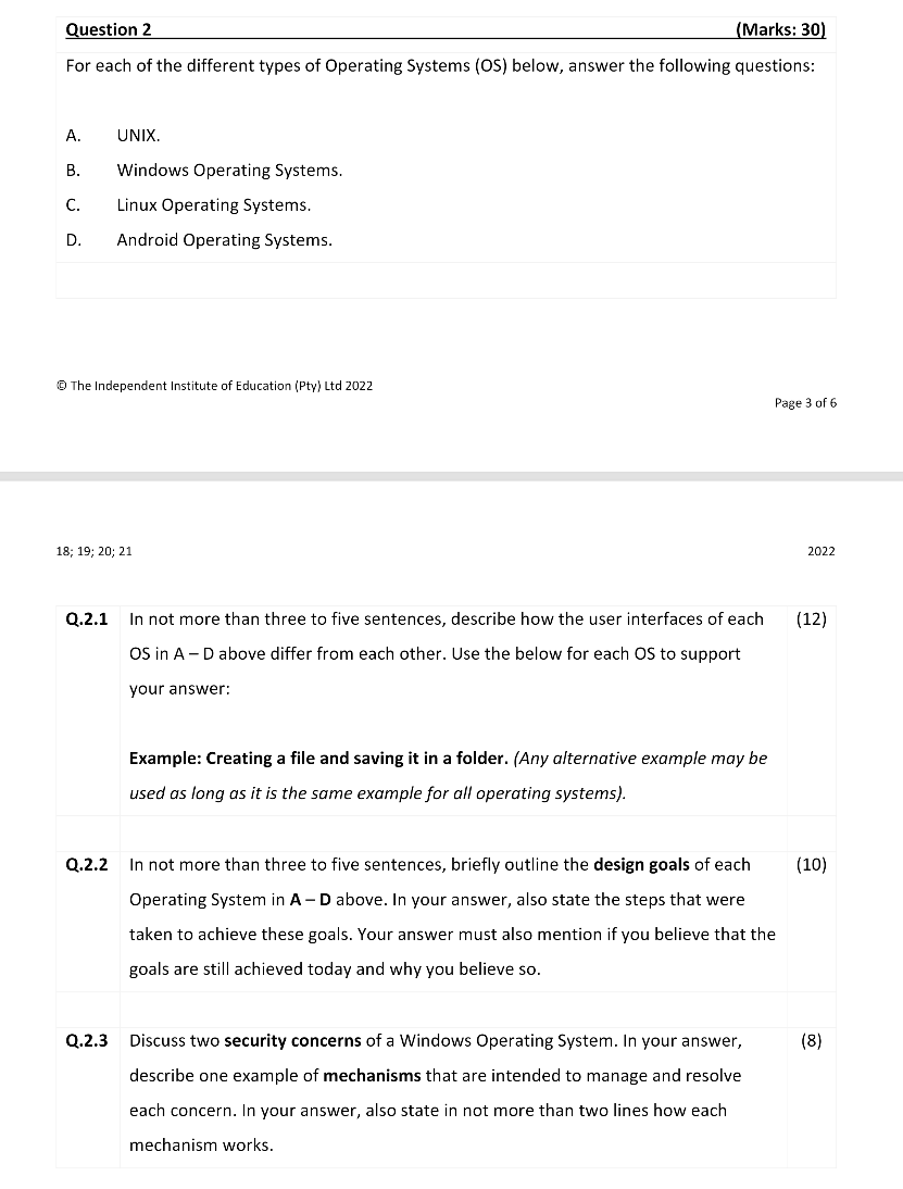 Solved Question 2 (Marks: 30) For each of the different | Chegg.com