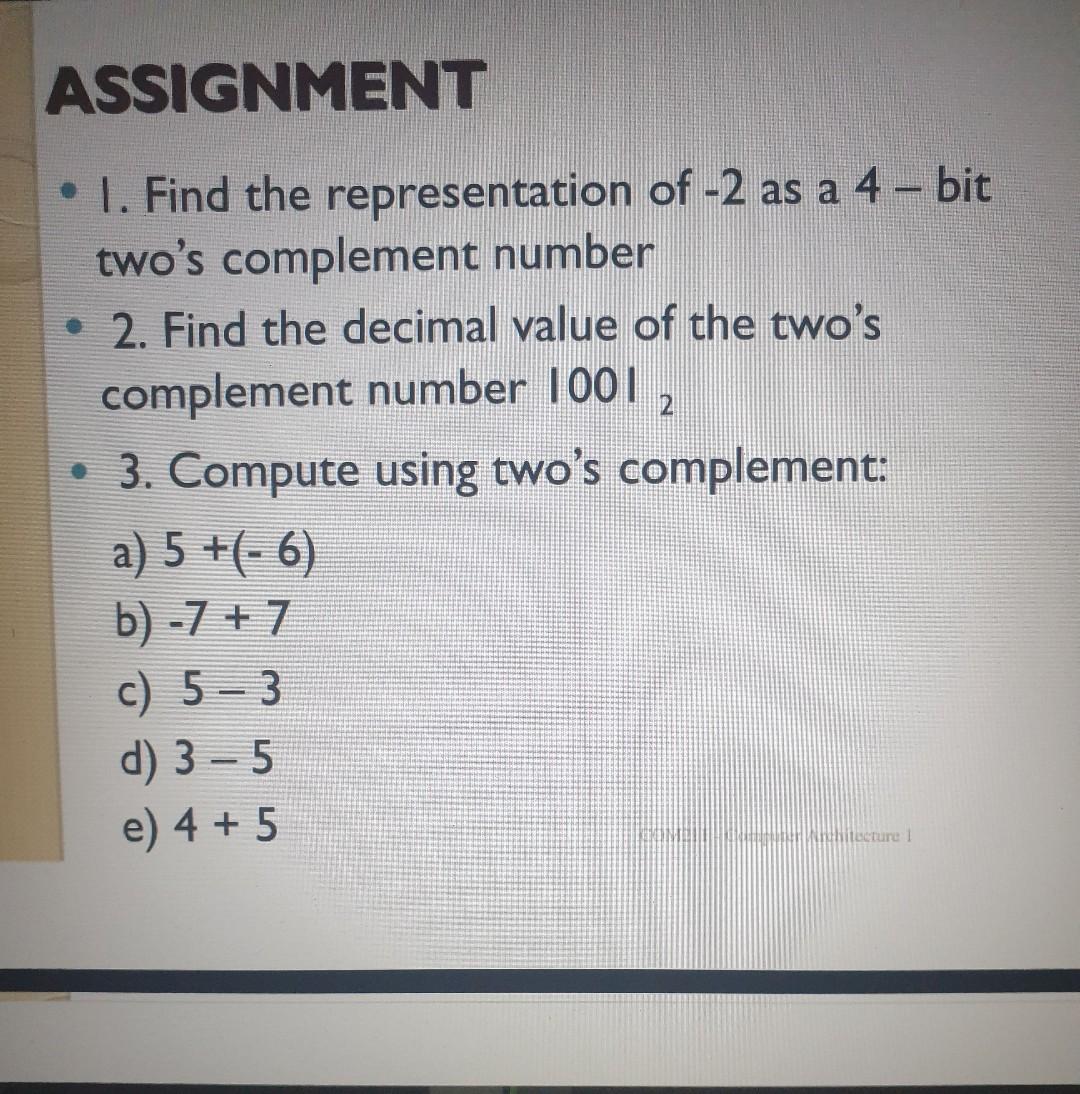 Solved ASSIGNMENT • I. Find the representation of -2 as a | Chegg.com