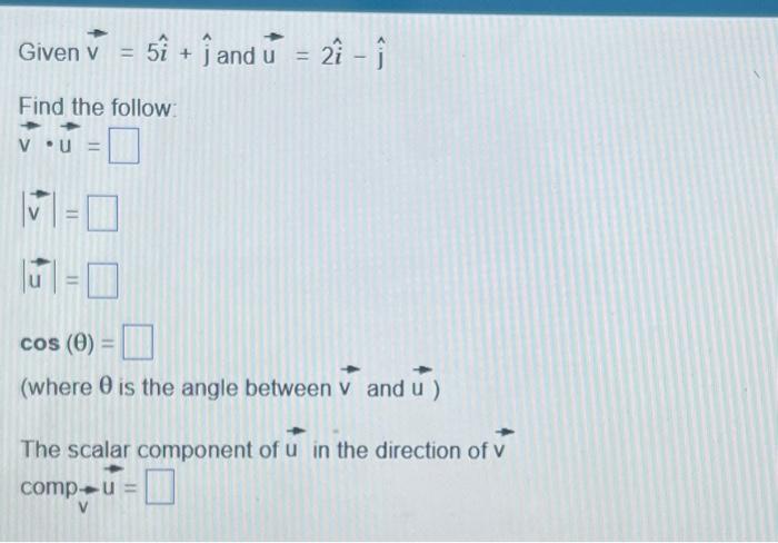 Solved Given V = 51 + 1 and u = 21 - î v Find the follow: V | Chegg.com