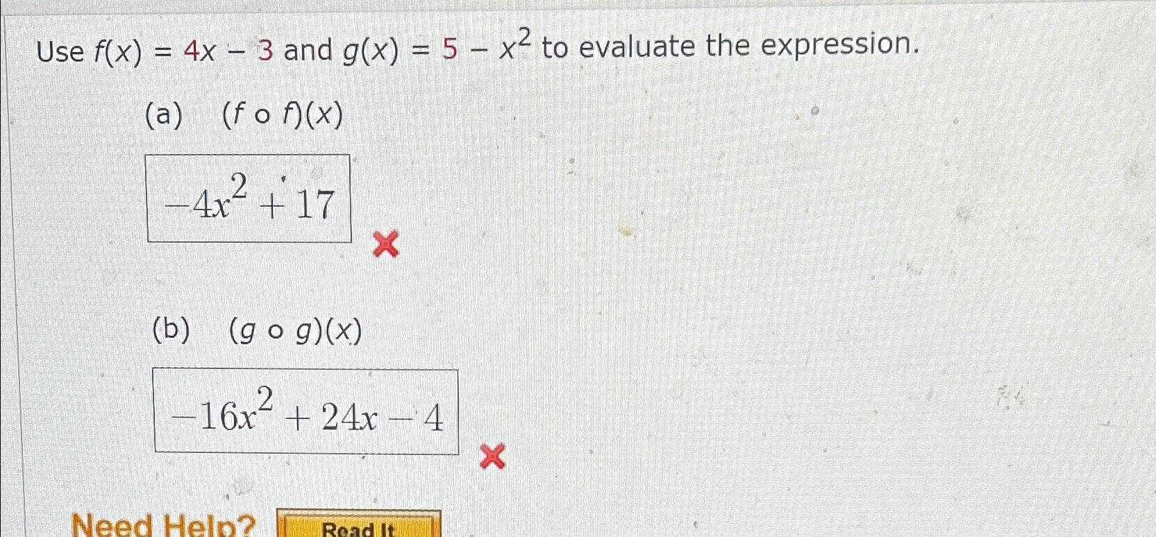 Solved Use f(x)=4x-3 ﻿and g(x)=5-x2 ﻿to evaluate the | Chegg.com