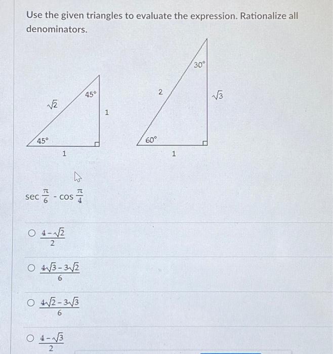 Solved Use the given triangles to evaluate the expression. | Chegg.com