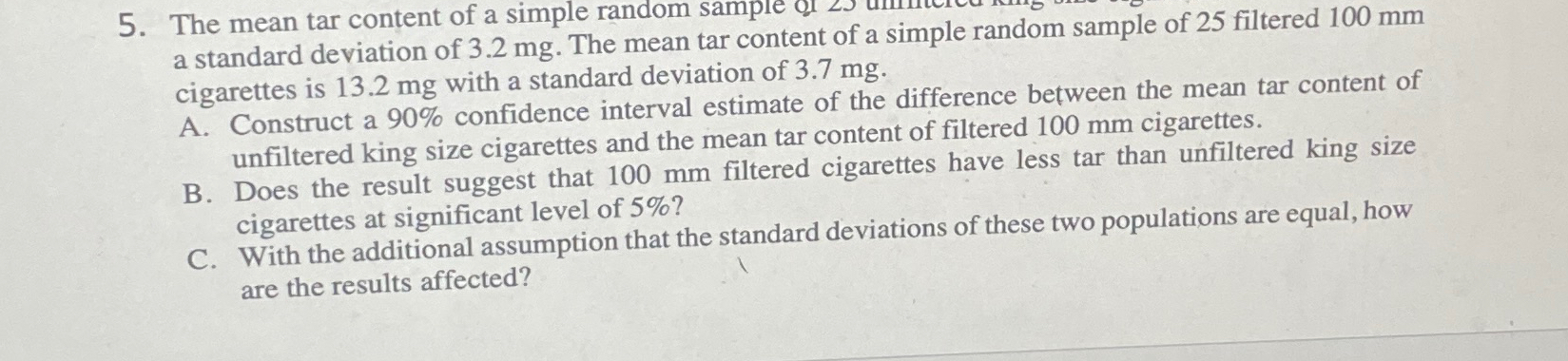 Solved The mean tar content of a simple random samplea | Chegg.com