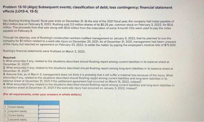 Solved Problem 13-10 (Algo) Subsequent events; | Chegg.com