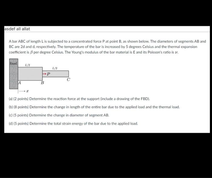 Solved asdef all allat A bar ABC of length Lis subjected to | Chegg.com