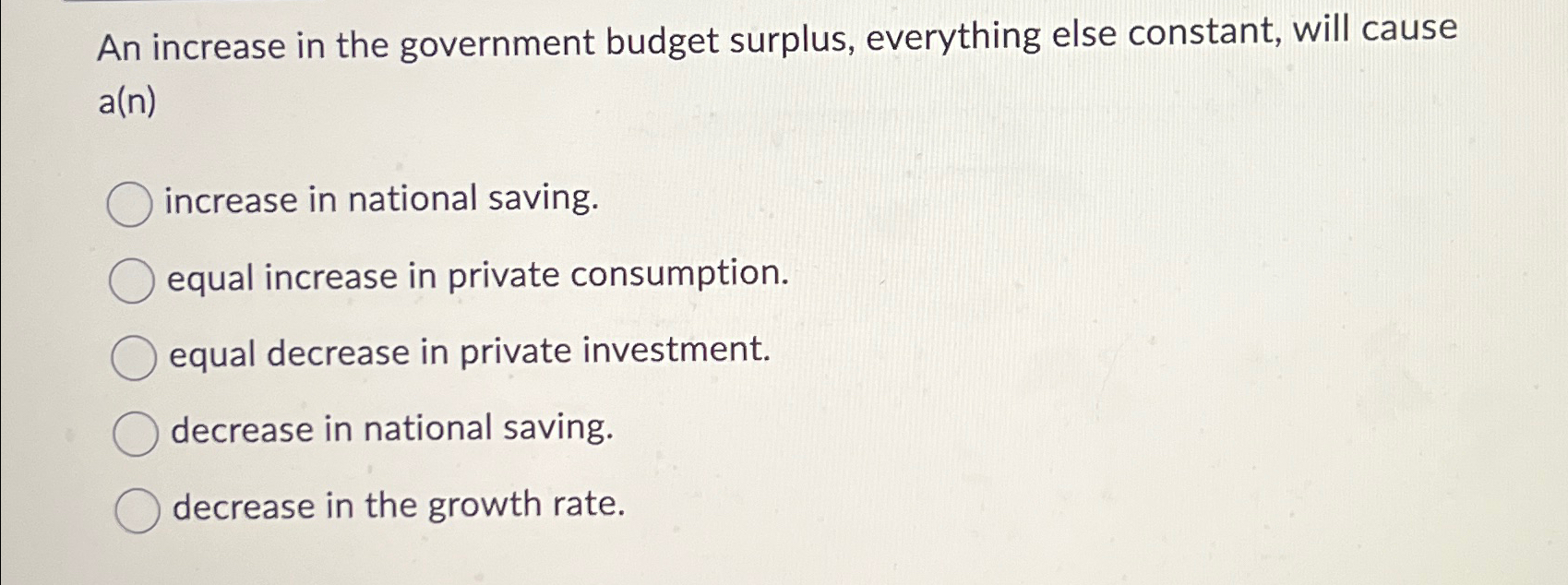 Solved An increase in the government budget surplus, | Chegg.com