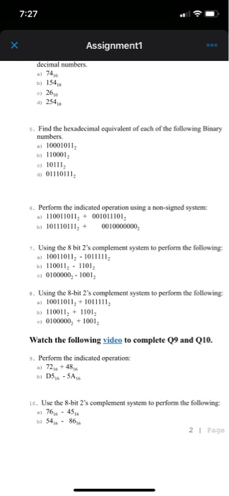 Solved 7:27 X Assignment1 decimal numbers, a) 74. b) 154 c) | Chegg.com