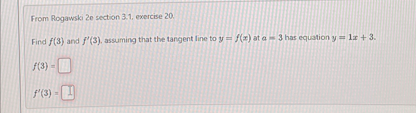 Solved From Rogawski 2e section 3.1, ﻿exercise 20.Find f(3) | Chegg.com