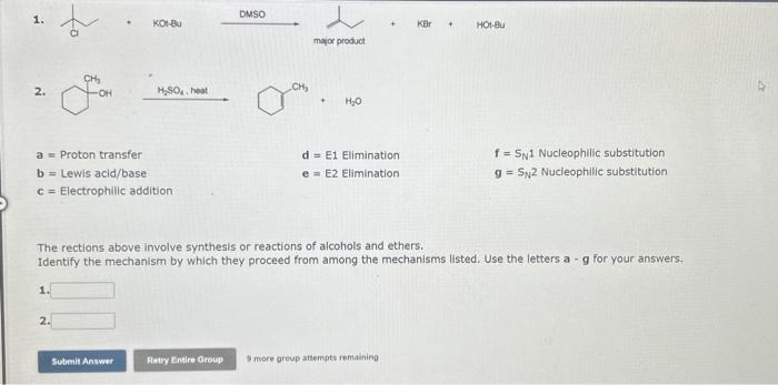 Solved 2. a= Proton transfer d= E1 Elimination f=SN1 | Chegg.com