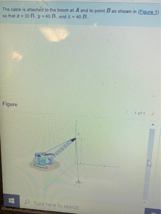 Solved The cable is attached to the boom at A and to point B | Chegg.com