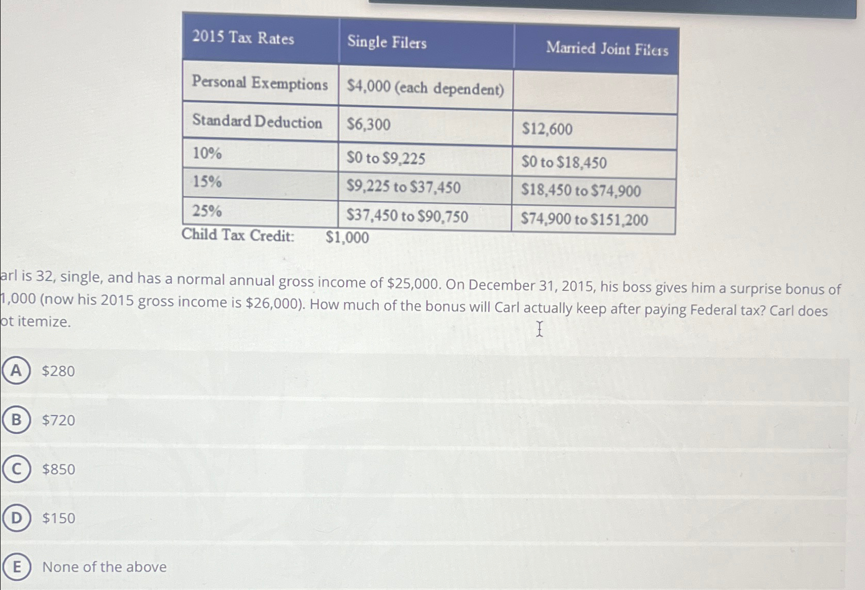 Solved \table[[2015 ﻿Tax Rates,Single Filers,Married Joint | Chegg.com