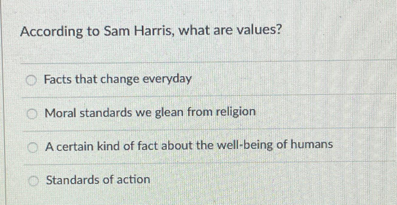 Solved According to Sam Harris, what are values?Facts that | Chegg.com