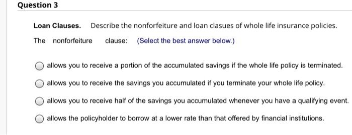 Solved Question 3 Loan Clauses. Describe the nonforfeiture | Chegg.com