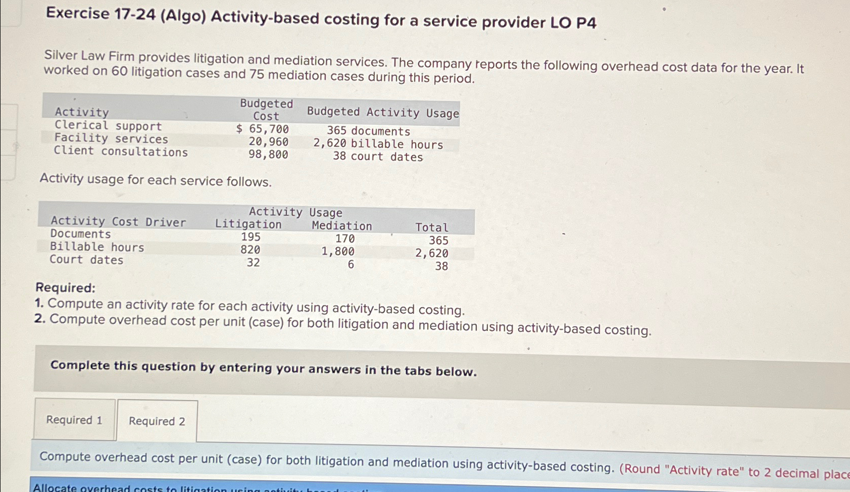 Solved Exercise 17-24 (Algo) ﻿Activity-based costing for a | Chegg.com