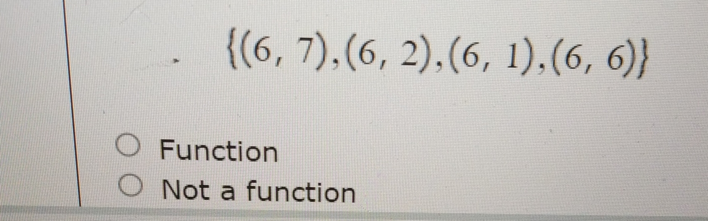 Solved . {(6,7),(6,2),(6,1),(6,6)}FunctionNot a function | Chegg.com