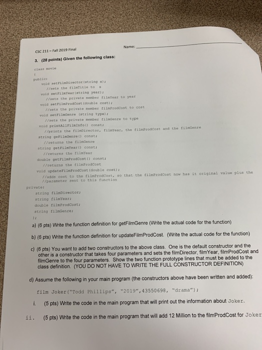 Solved Name: CSC 211 - Fall 2019 Final 3. (28 points) Given | Chegg.com