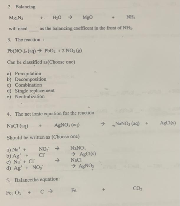 Solved 2. Balancing Mg3N2 H20 Mgo + NH will need as the | Chegg.com