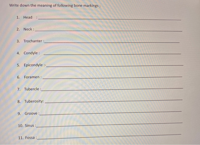 Solved Write down the meaning of following bone markings; 1. | Chegg.com