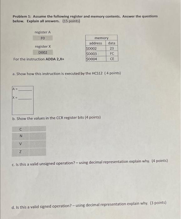 Solved Problem 1: Assume the following register and memory | Chegg.com