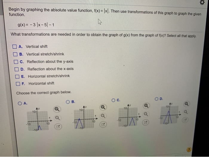 Solved Begin by graphing the absolute value function, f(x) = | Chegg.com