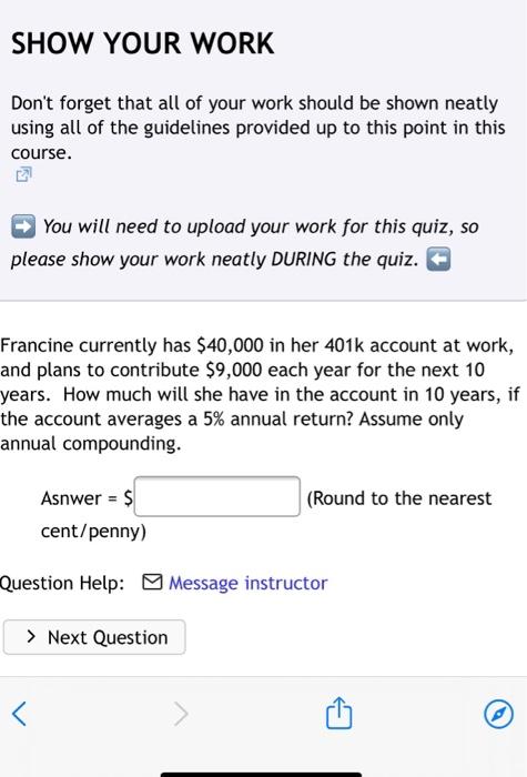 Solved SHOW YOUR WORK Don't forget that all of your work | Chegg.com
