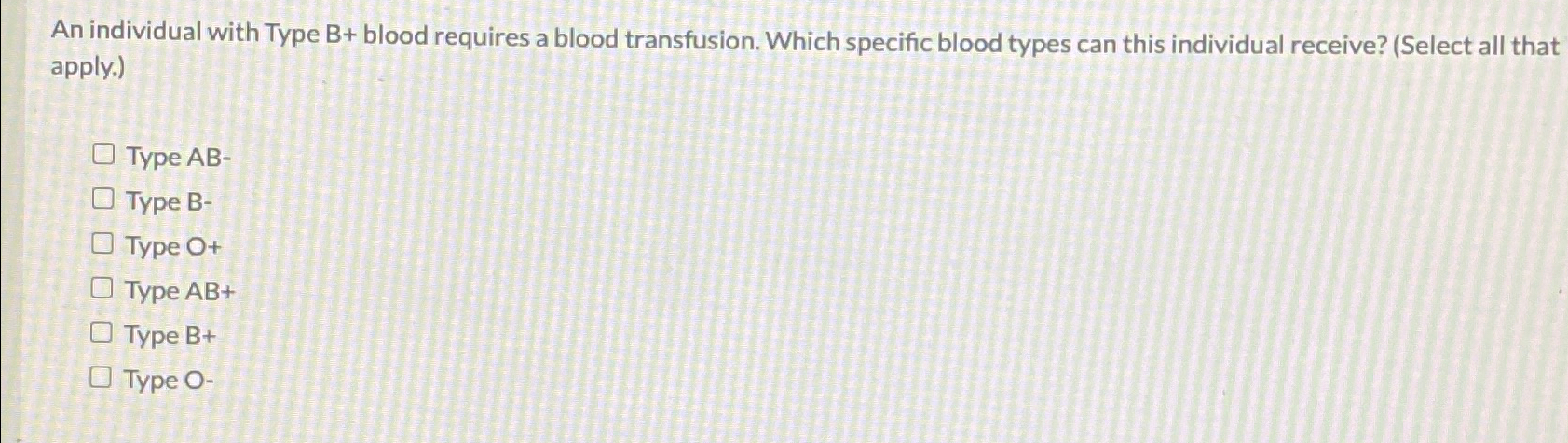 Solved An individual with Type B+ ﻿blood requires a blood | Chegg.com