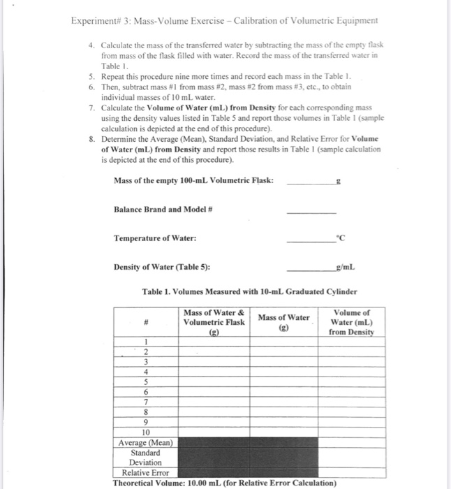 Experiment# 3: Mass-Volume Exercise - Calibration of | Chegg.com