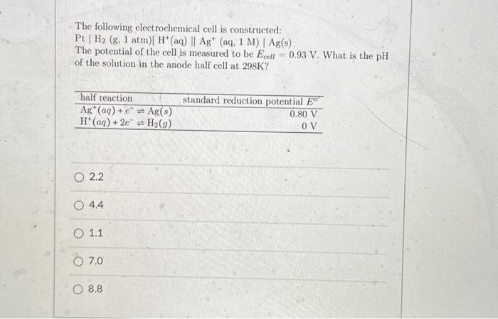 Solved The following electrochemical cell is constructed: Pt | Chegg.com