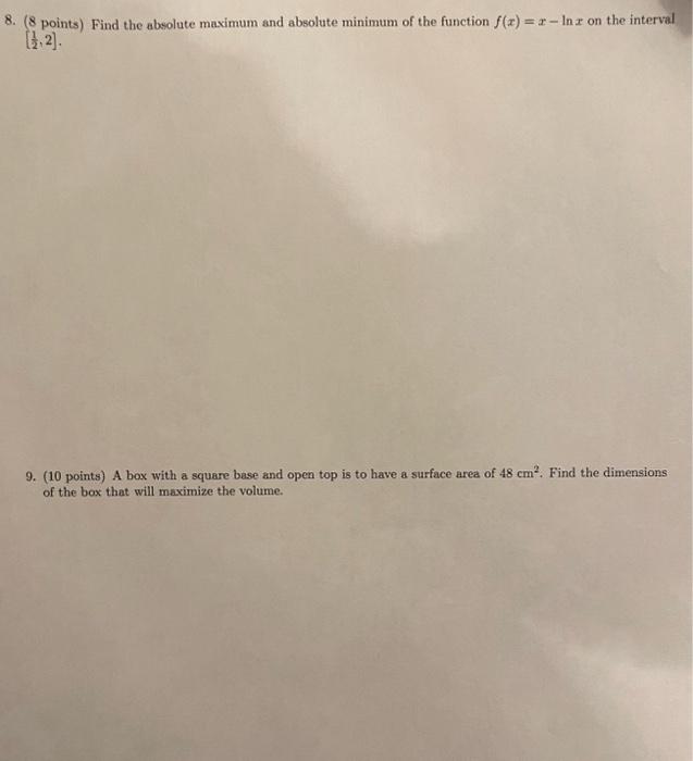 Solved (8 points) Find the absolute maximum and absolute | Chegg.com