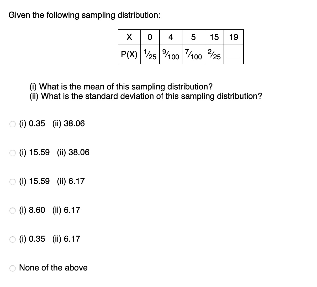 Solved Given the following sampling distribution:(i) ﻿What | Chegg.com