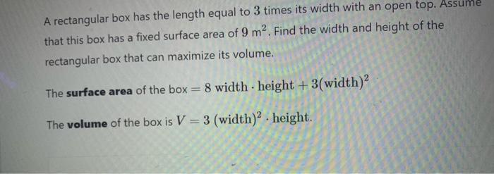Solved ssume A rectangular box has the length equal to 3 | Chegg.com