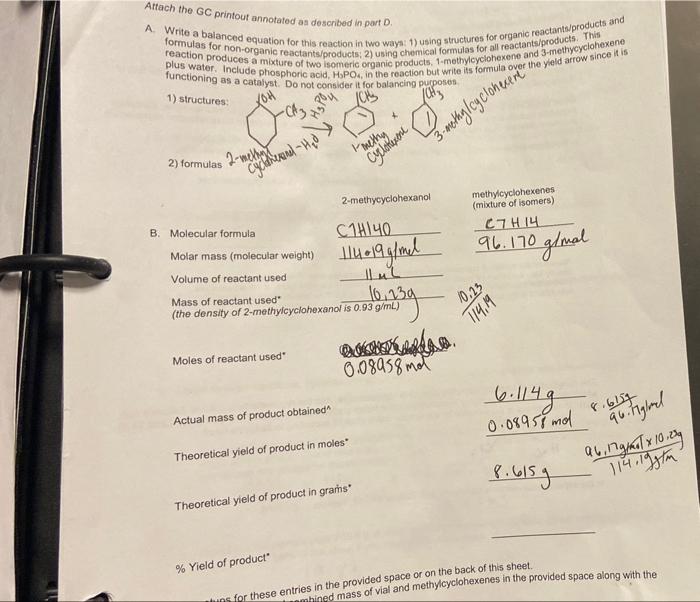 Solved Aftach the GC printout annotated as described in part | Chegg.com