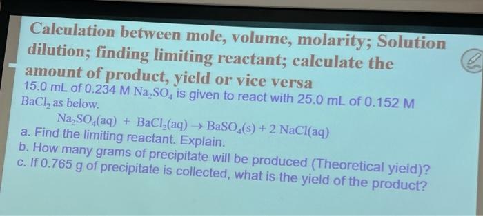 Solved Calculation between mole, volume, molarity; Solution | Chegg.com