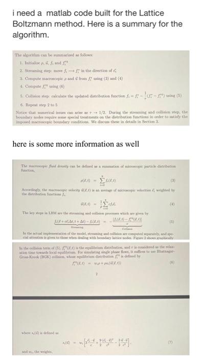 i need a matlab code built for the Lattice Boltzmann | Chegg.com