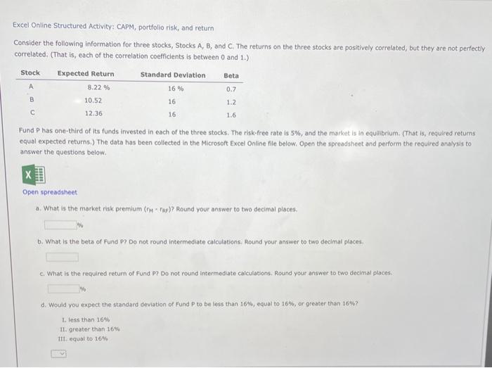 Solved Excel Online Structured Activity: CAPM, portfollo | Chegg.com