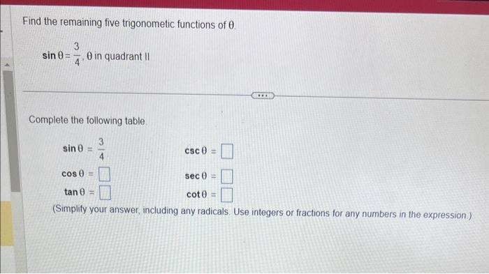 Solved Find the remaining five trigonometic functions of θ. | Chegg.com