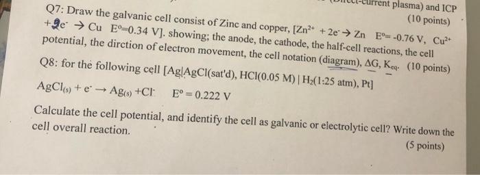 Solved Q7: Draw the galvanic cell consist of Zincant on | Chegg.com